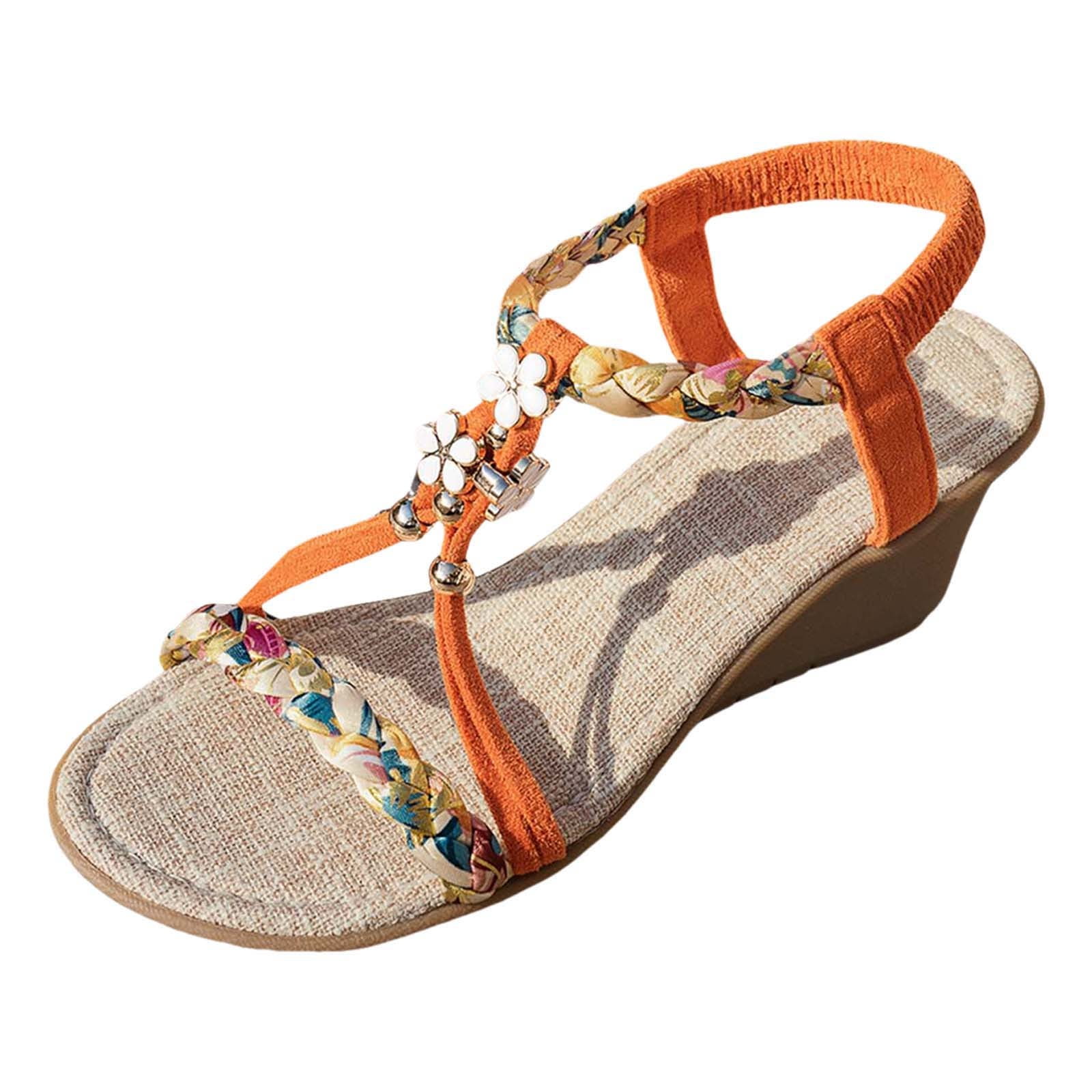 Bohemian Jeweled Flip Flops Women Orthopedic Wedge Ankle Strap Open Toe ...