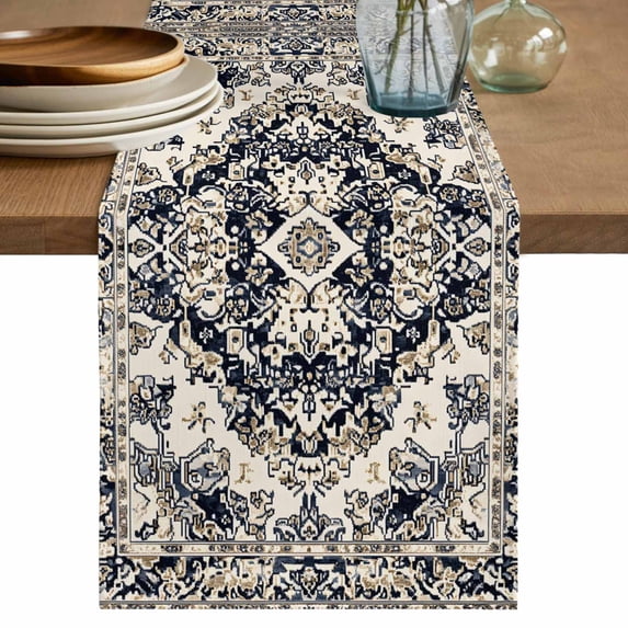 Bohemian Khaki Table Runner, Black Floral Geometric Texture Ethnic Art ...