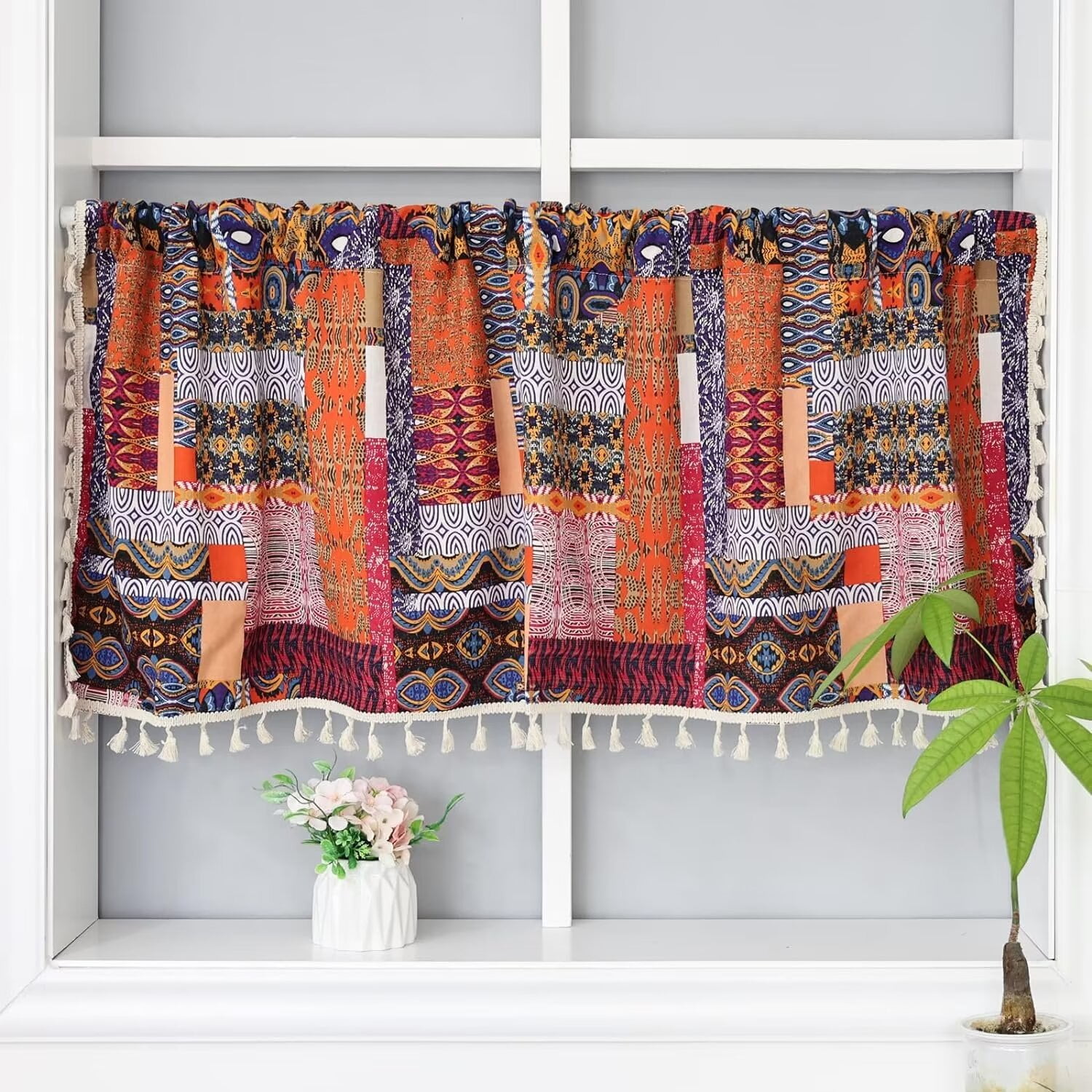 Bohemian Kitchen Curtain with Tassels, Macrame Valance for Window Decor ...