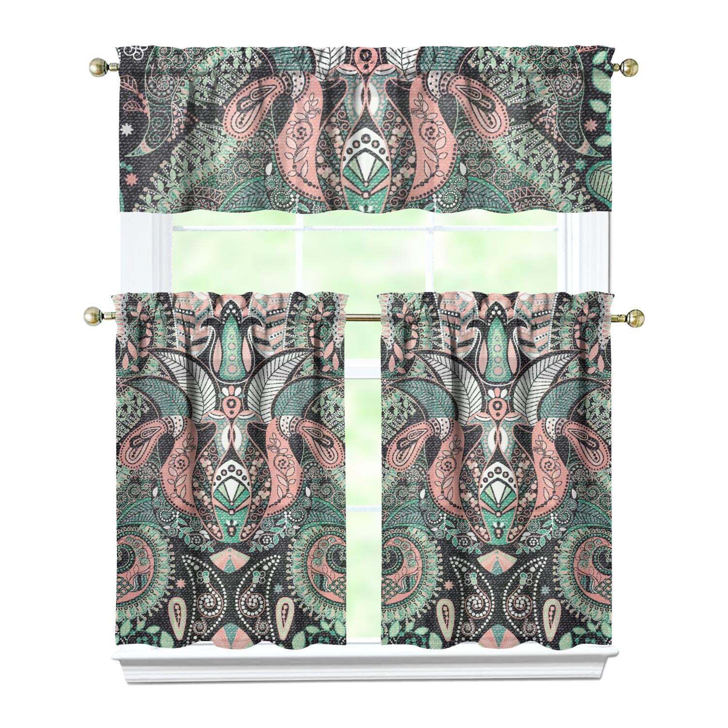 Bohemian Kitchen Curtains 3-Piece Set - Colorful Paisley Design, Ethnic ...