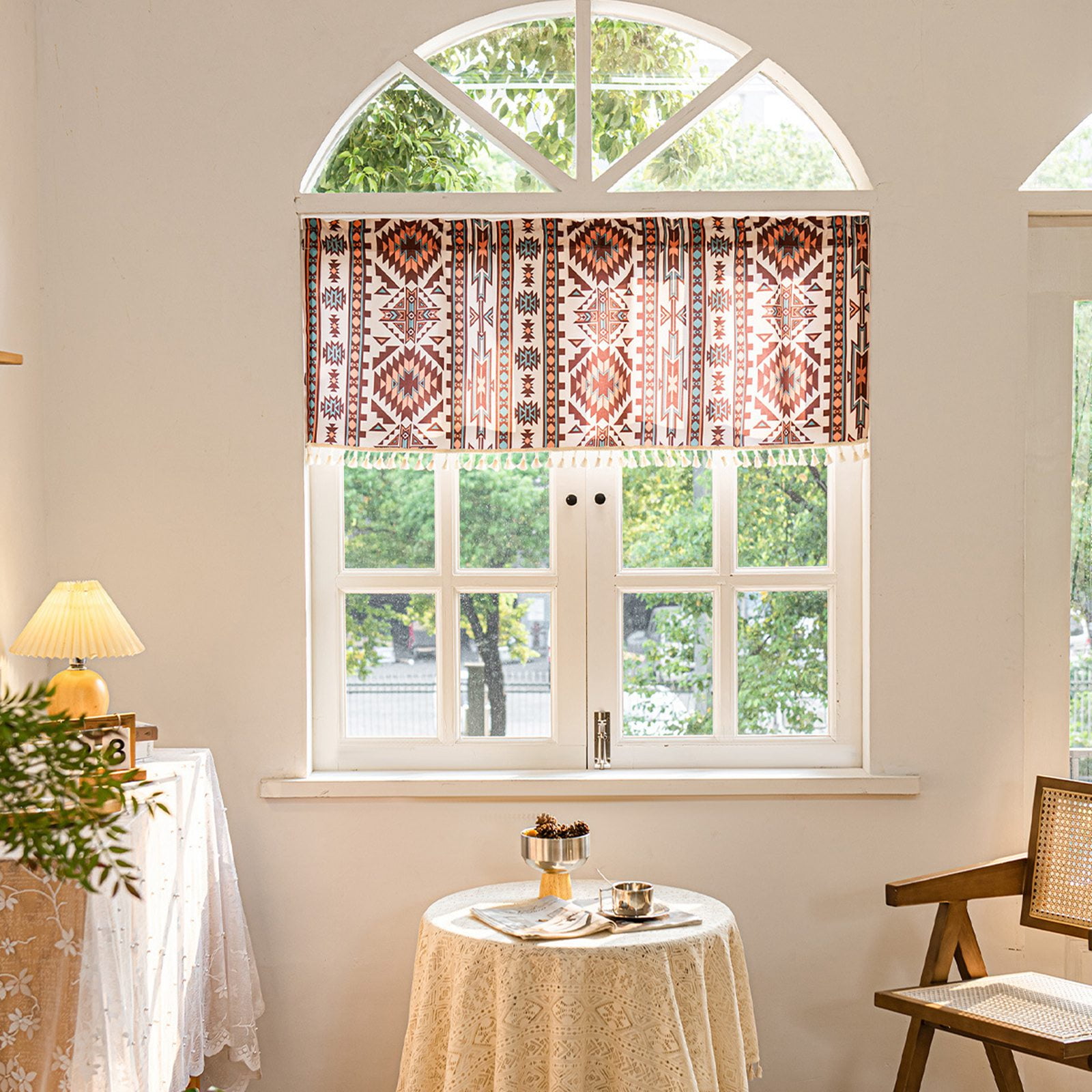 Bohemian Kitchen Curtains, Pom Pom Tasseled Light Filter Curtain Rod ...