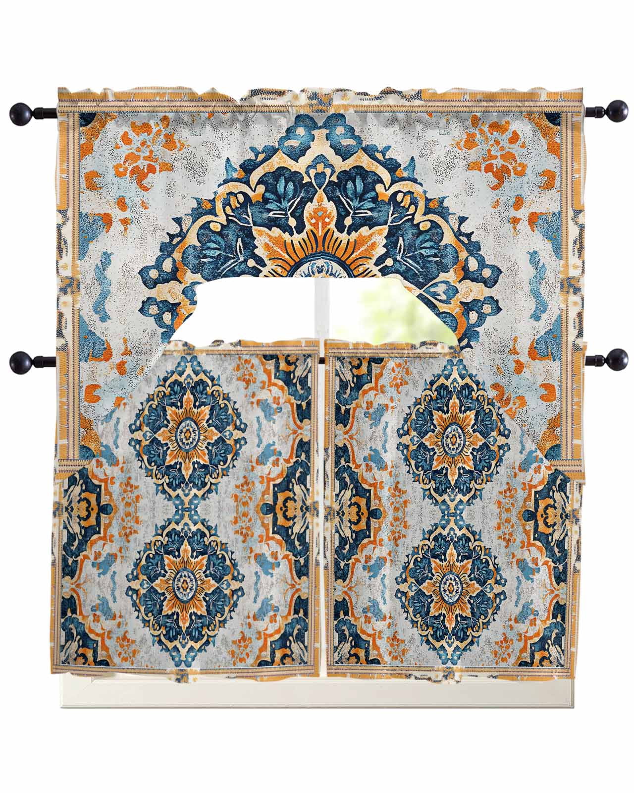 Bohemian Kitchen Curtains Sets 24 Inch Length with Valance, Boho Blue ...