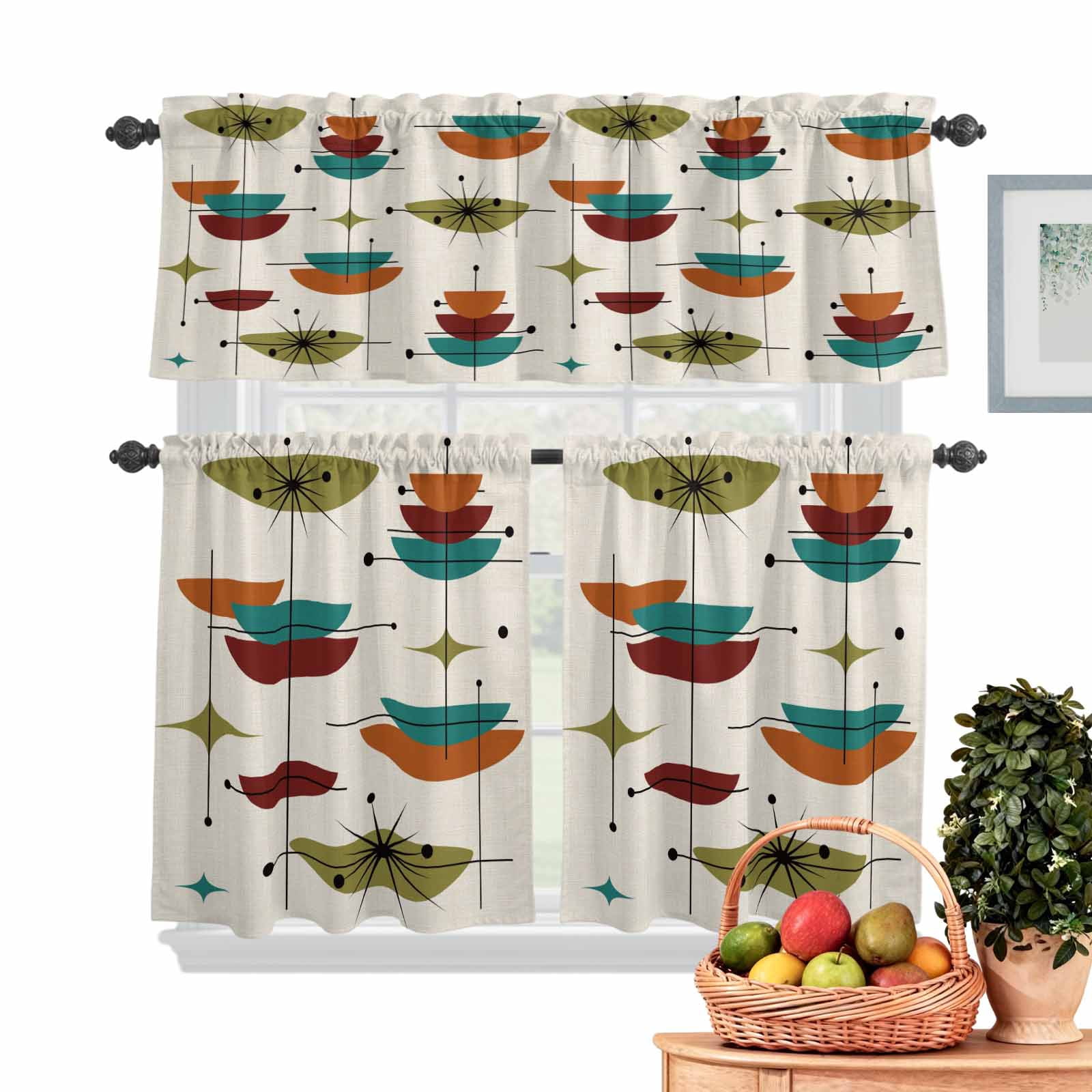 Bohemian Kitchen Curtains Valances 3 Piece Set, Orange Duck Green Color ...