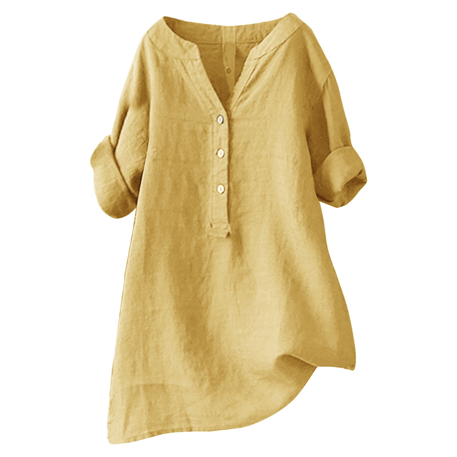 Bohemian Linen Button-Up Shirt Stand Collar Mid-Length Tunic with Roll ...