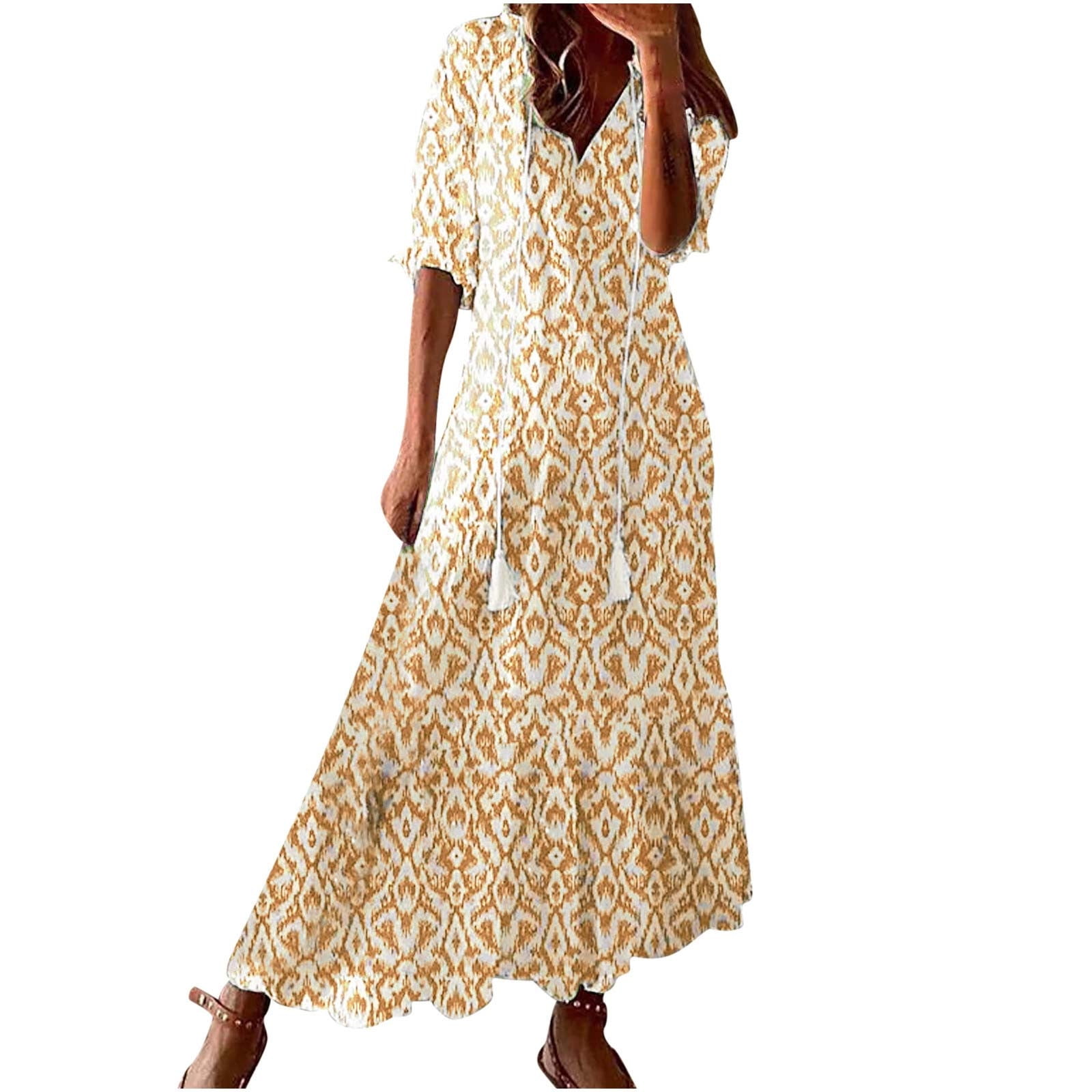 Bohemian Long Dress for Women Puff Short Sleeve Tassel Lace-up V Neck ...