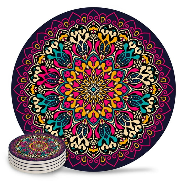 Bohemian Mandala Ceramic Coaster Set Kitchen Table Round Placemat ...
