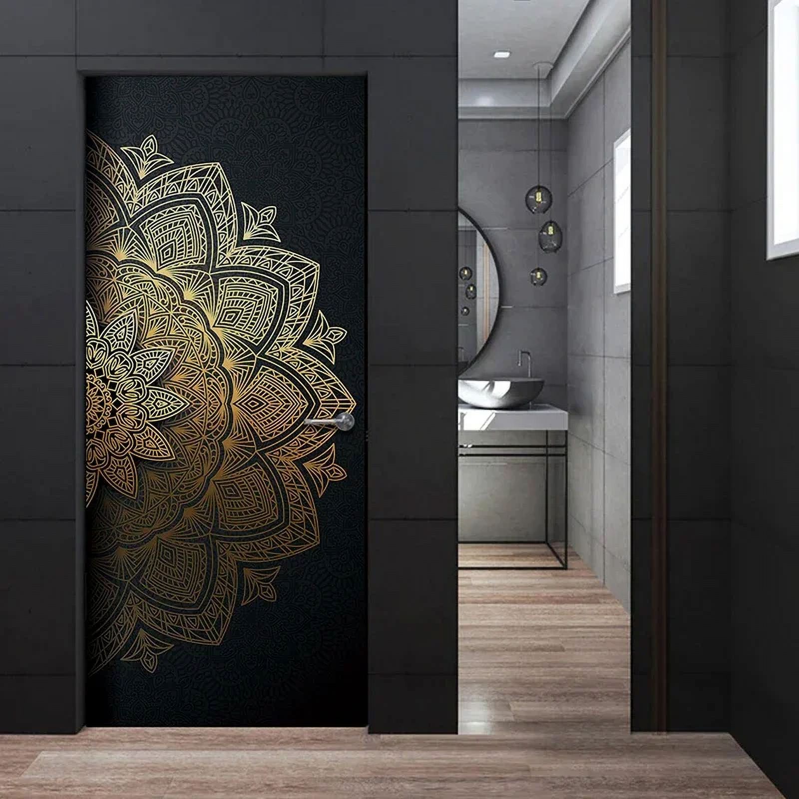 Bohemian Mandala Door Stickers Black and Golden Painting Wallpaper Yoga ...