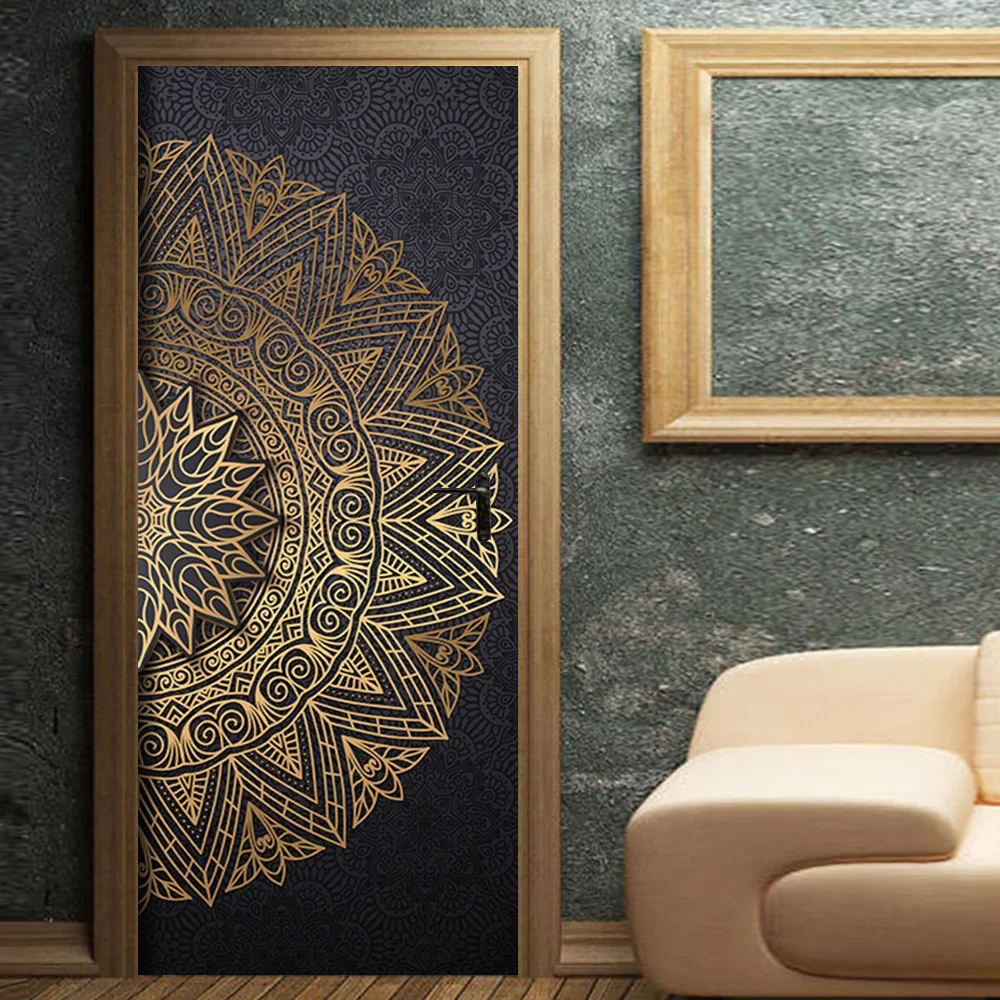 Bohemian Mandala Door Stickers Black and Golden Painting Wallpaper Yoga ...
