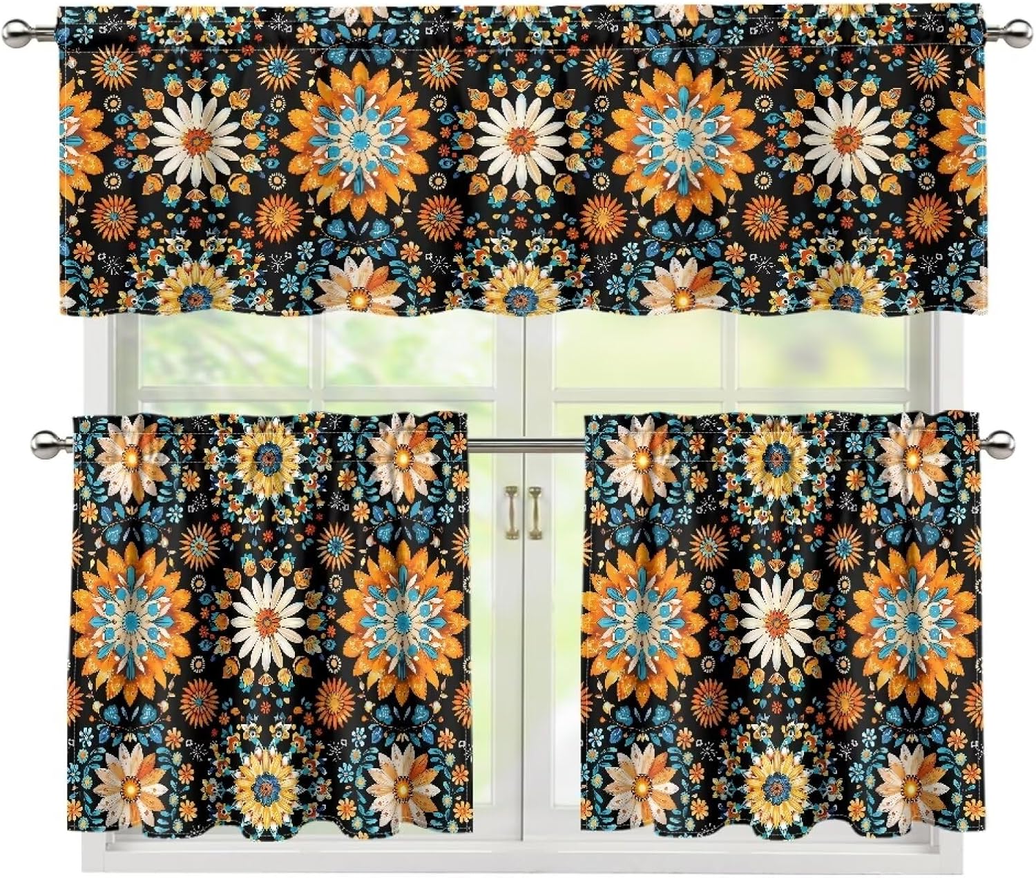 Bohemian Mandala Floral Kitchen Curtains Valance and Tiers Set Rod ...