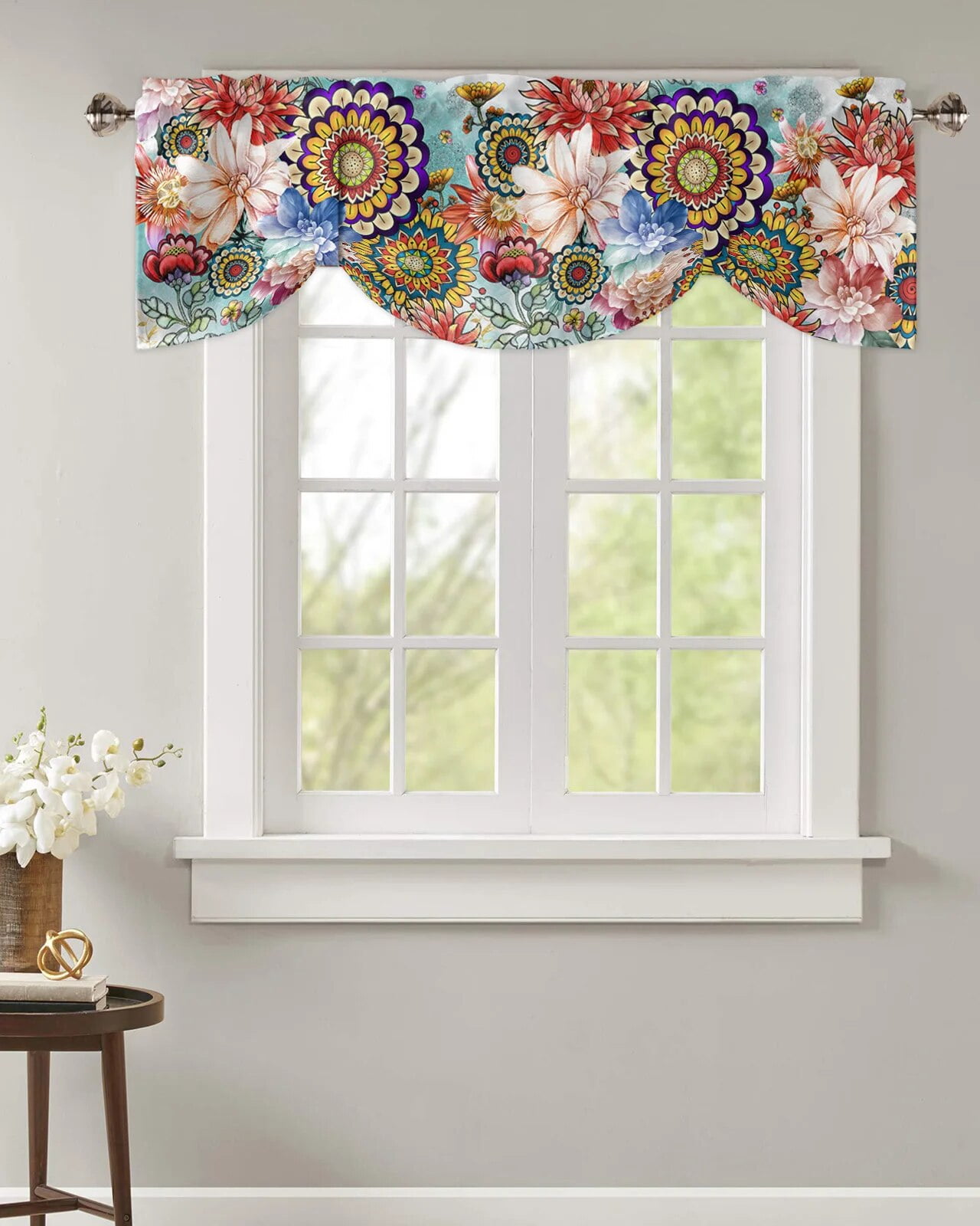 Bohemian Mandala Flower Short Window Curtain Adjustable Tie Up Valance ...