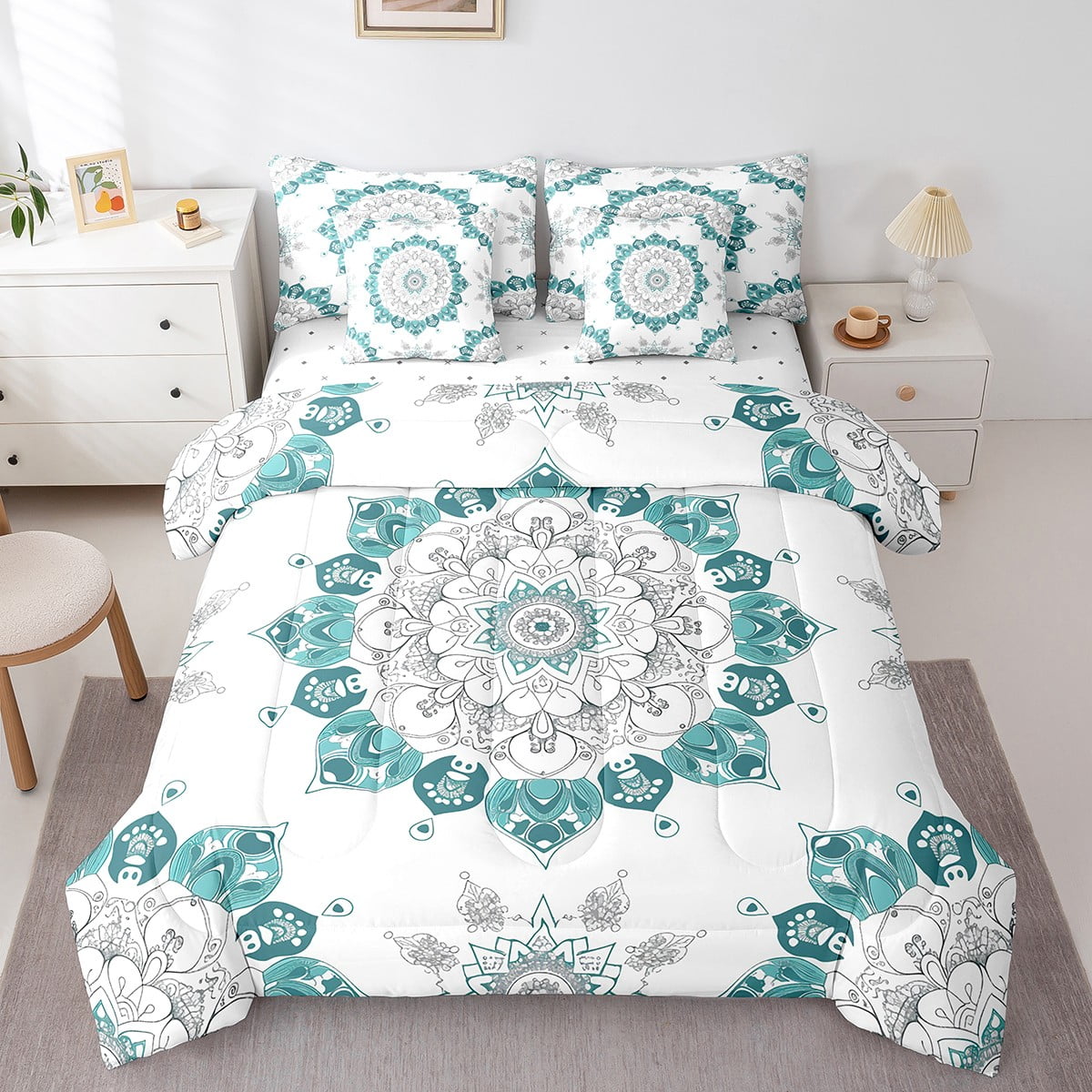 Bohemian Mandala Queen Comforter Set 7pcs Teal Mandala Floral Bedding Comforter Sets, Tribal ...
