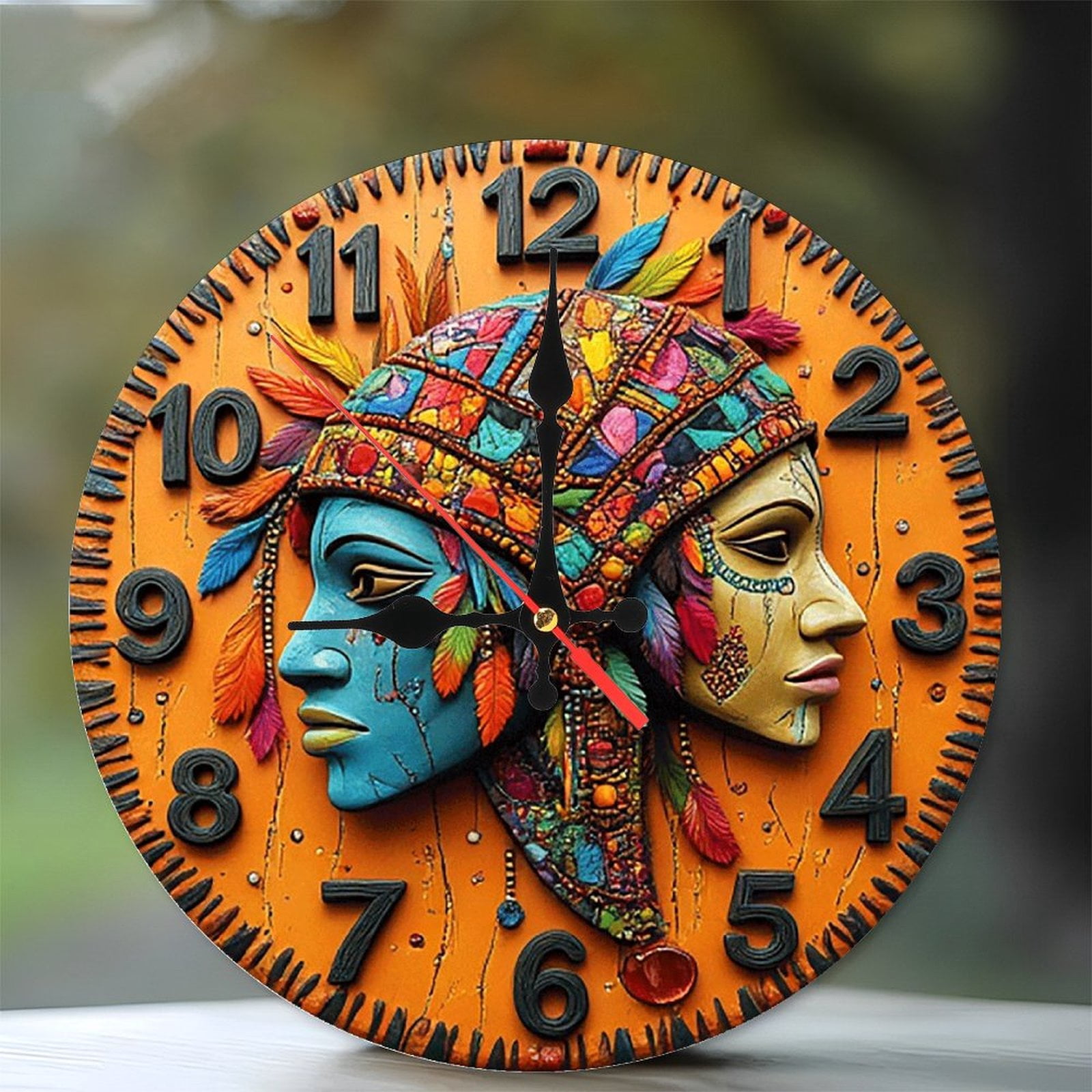 Bohemian Mask Wall Clock Colorful Tribal Art 10-Inch Silent Wooden Wall ...
