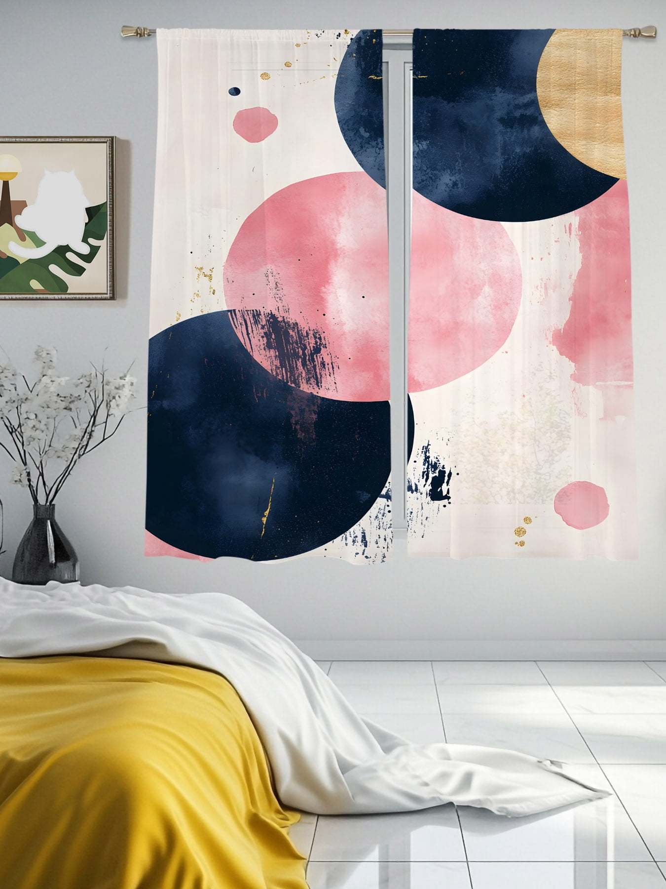 Bohemian Minimalist Color Block Chiffon Sheer Curtains 63 Inches Long ...