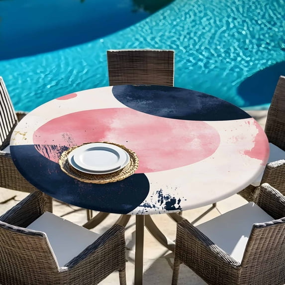 Bohemian Minimalist Color Block Round Fitted Tablecloth with Elastic ...