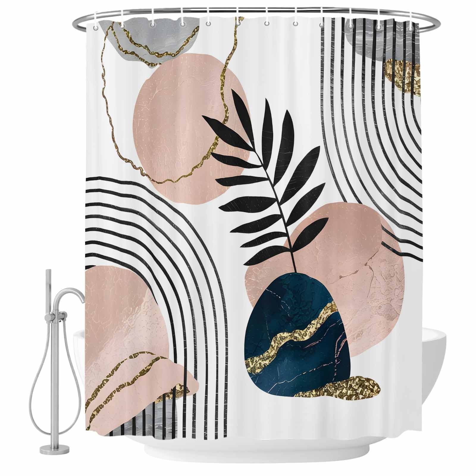 Bohemian Navy Bathroom Shower Curtains with Hooks, Pink Tropical Palm ...