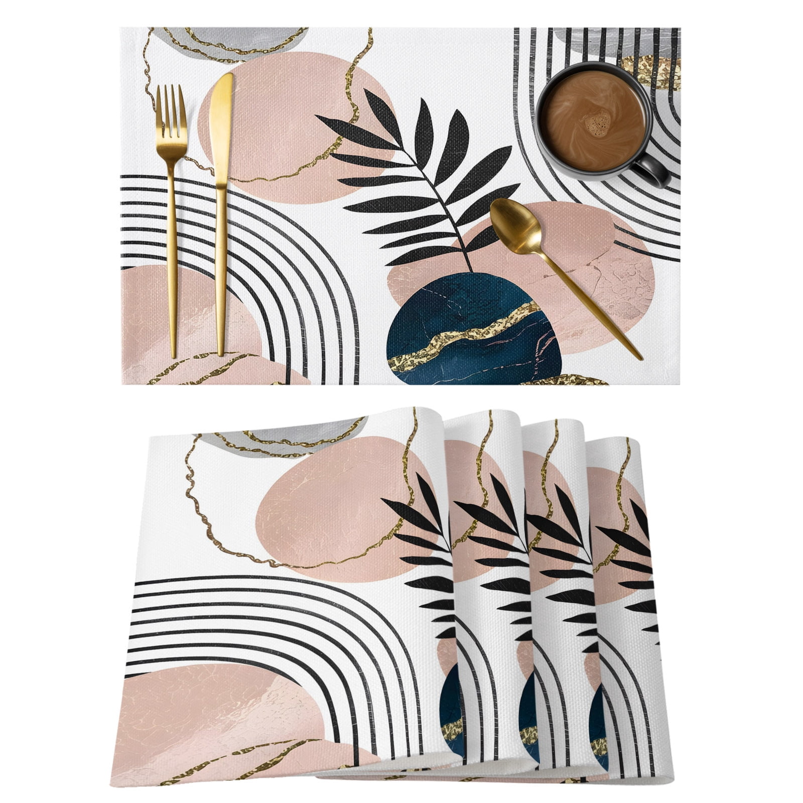 Bohemian Navy Cotton Linen Placemats Set of 4, Pink Tropical Palm Trees ...