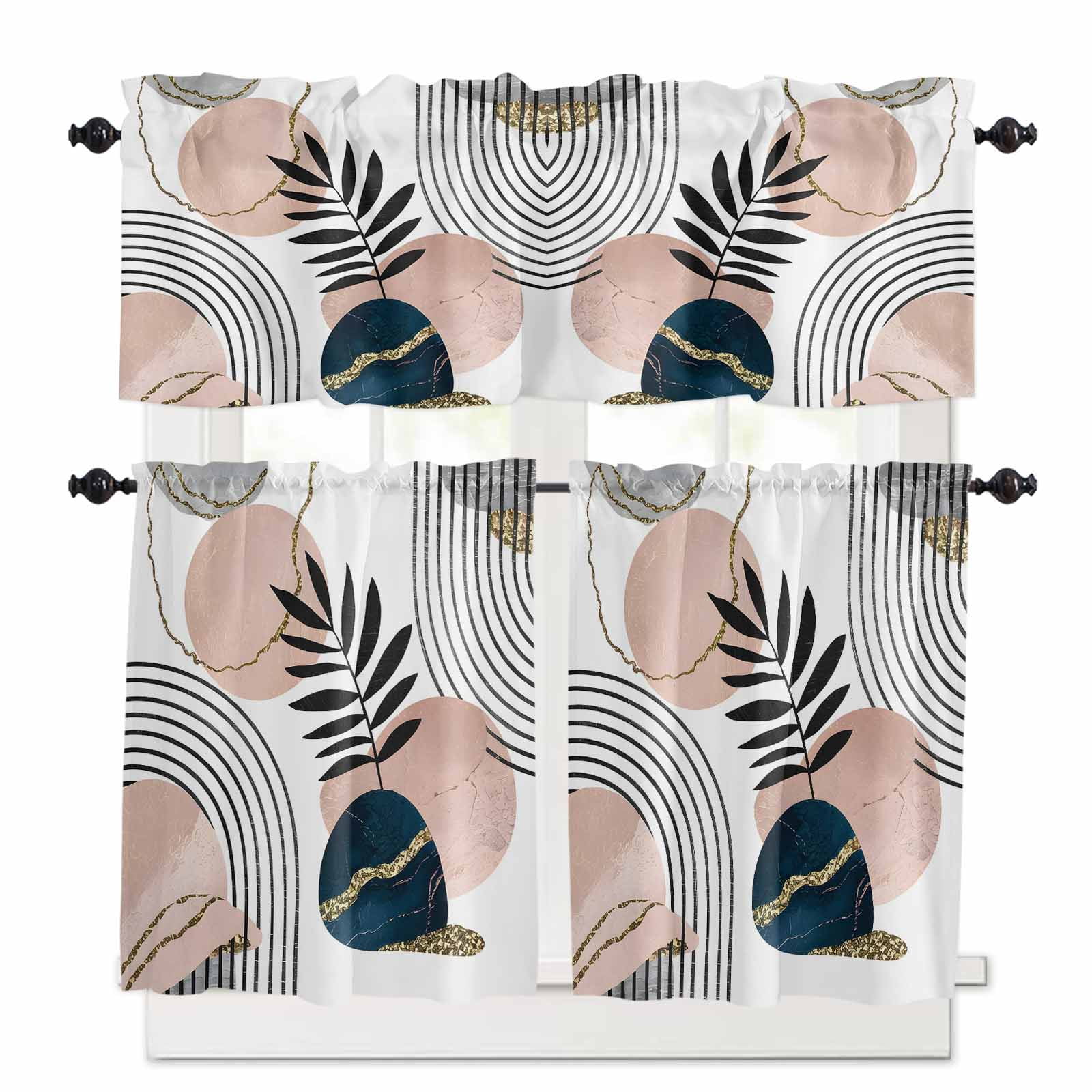Bohemian Navy Kitchen Curtains Valance and Tier Set Pink Tropical Palm ...