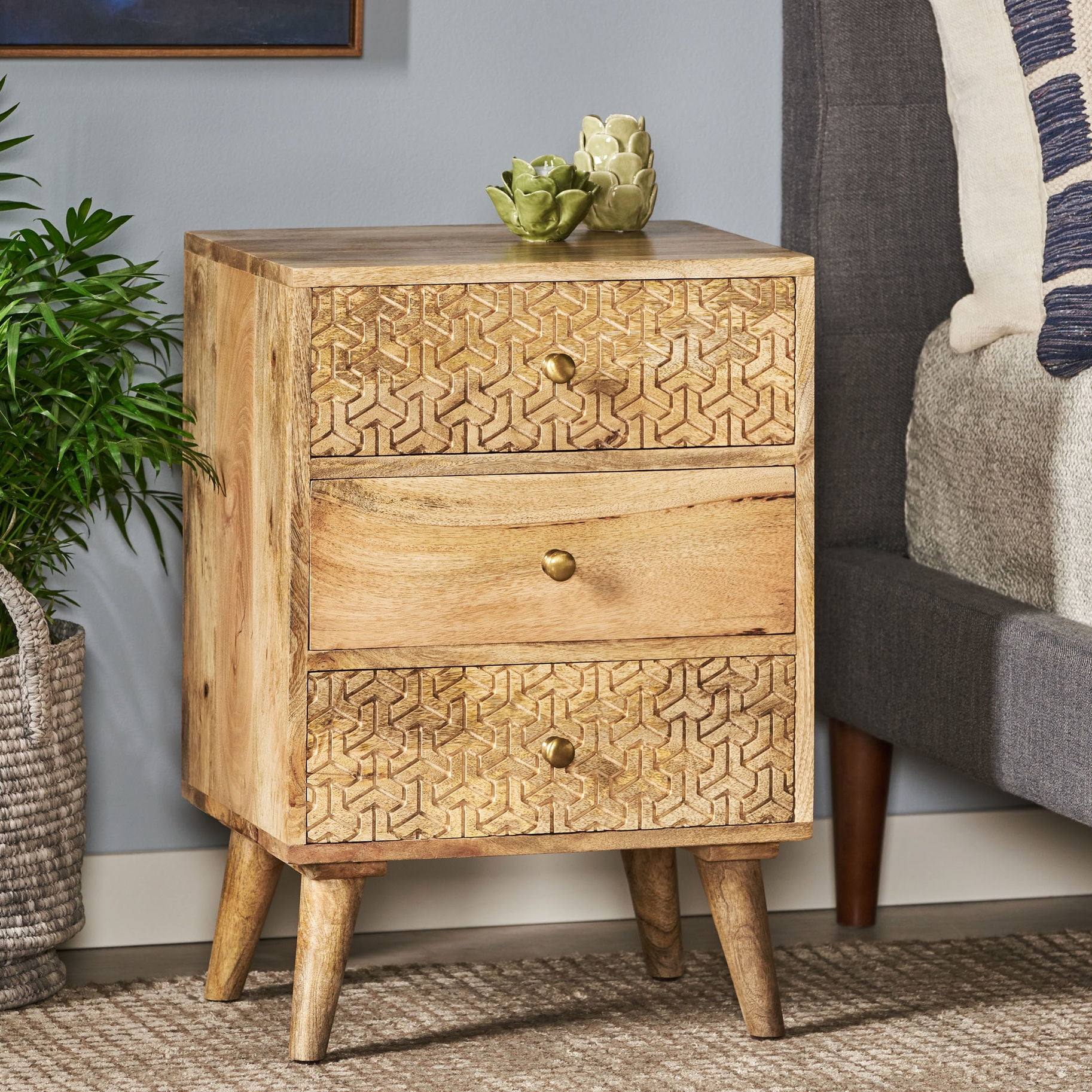 Bohemian Nightstand with Tapered Legs / Blends with Decor / 3 Drawers ...