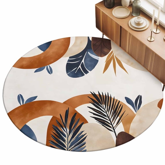 Bohemian Nordic Area Rug, Abstract Leaves Orange Blue Simple Non-Slip ...