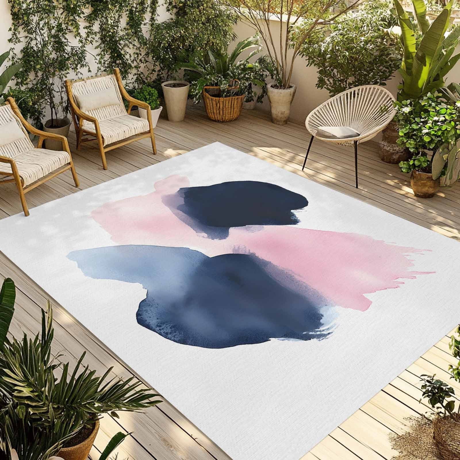 Bohemian Nordic Outdoor Rug, Pink Blue Color Block Non-Slip Area Rugs ...