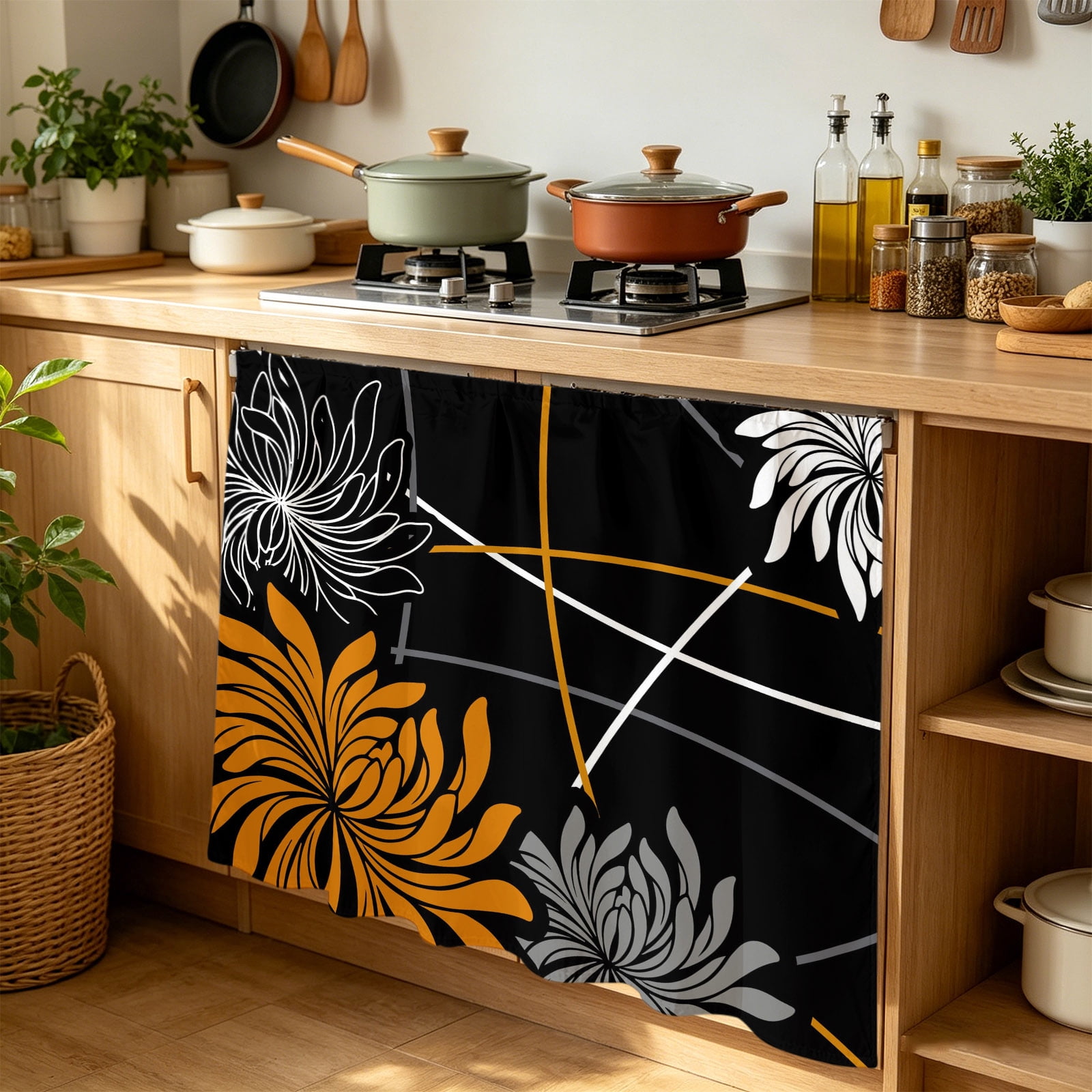 Bohemian Orange Floral Cabinet Curtains for Kitchen 35"Wx35"L, Modern ...