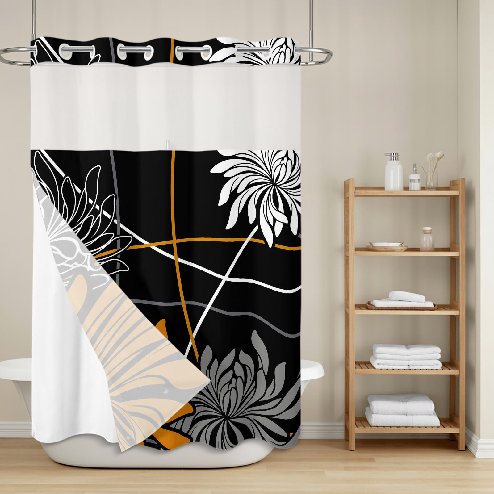 Bohemian Orange Floral No Hook Shower Curtain with Snap in Liner ...