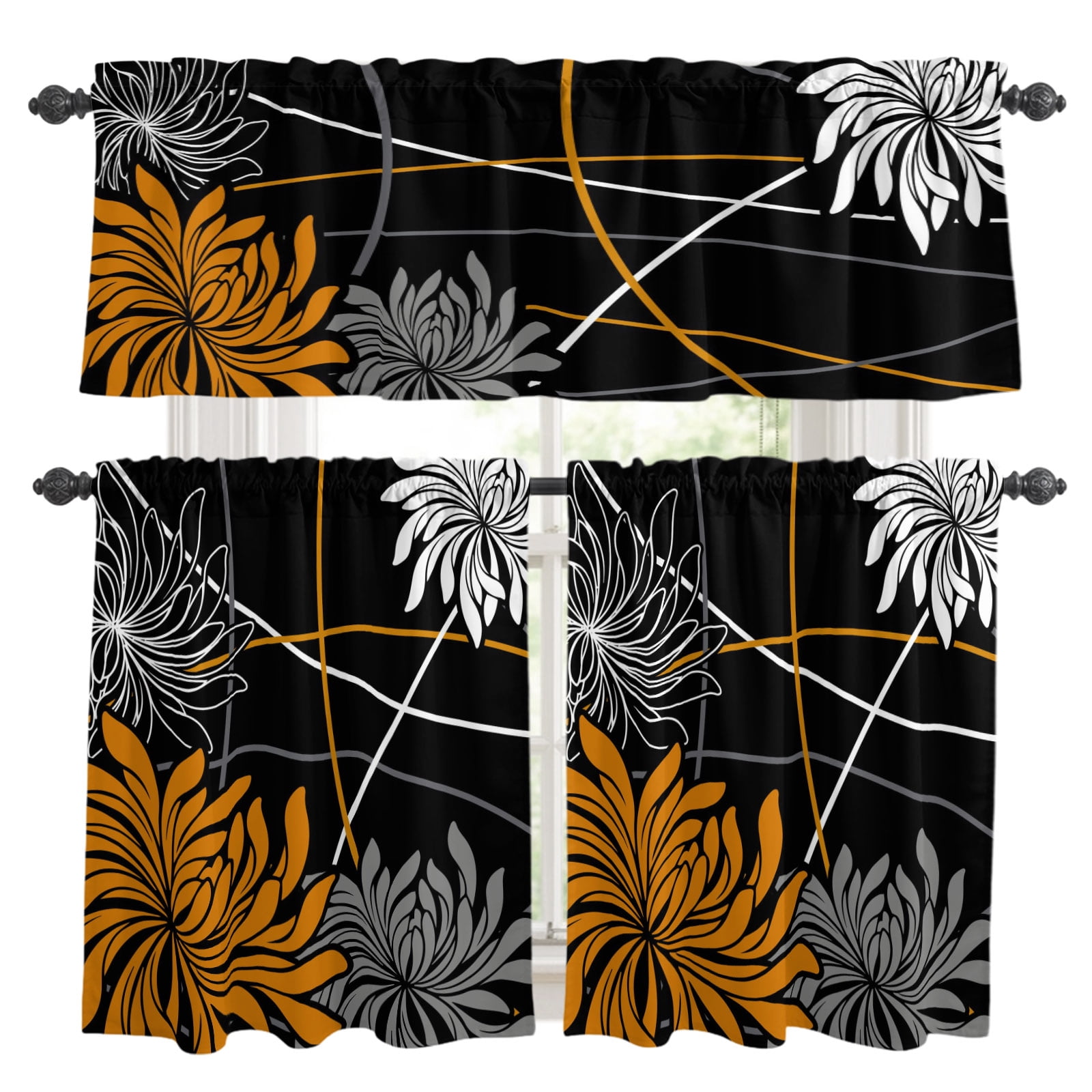 Bohemian Orange Floral Kitchen Curtains and Valances Set, Modern ...
