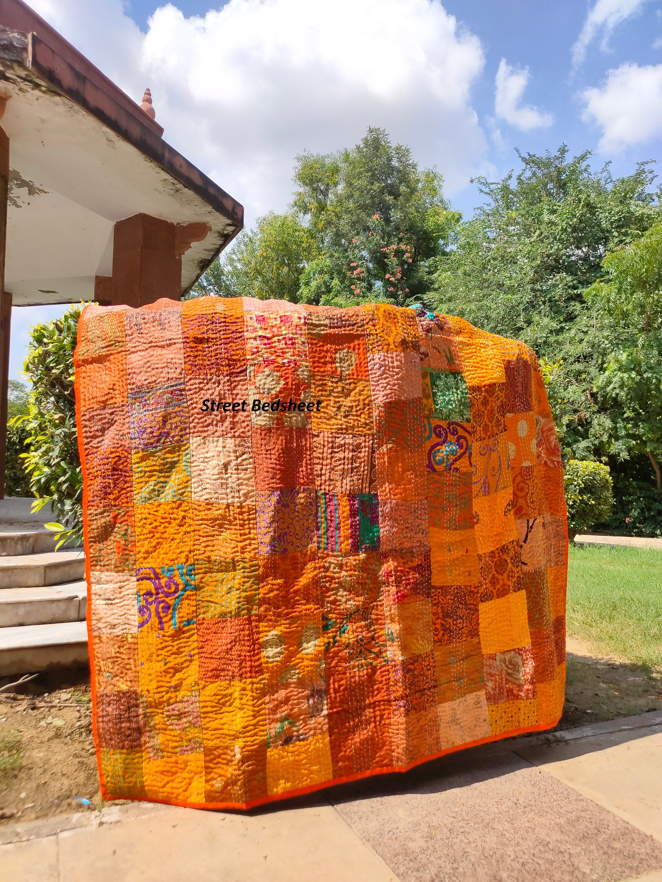 Bohemian Orange Patchwork Quilt Kantha Quilt Handmade Vintage Quilts Boho King Size Bedding ...
