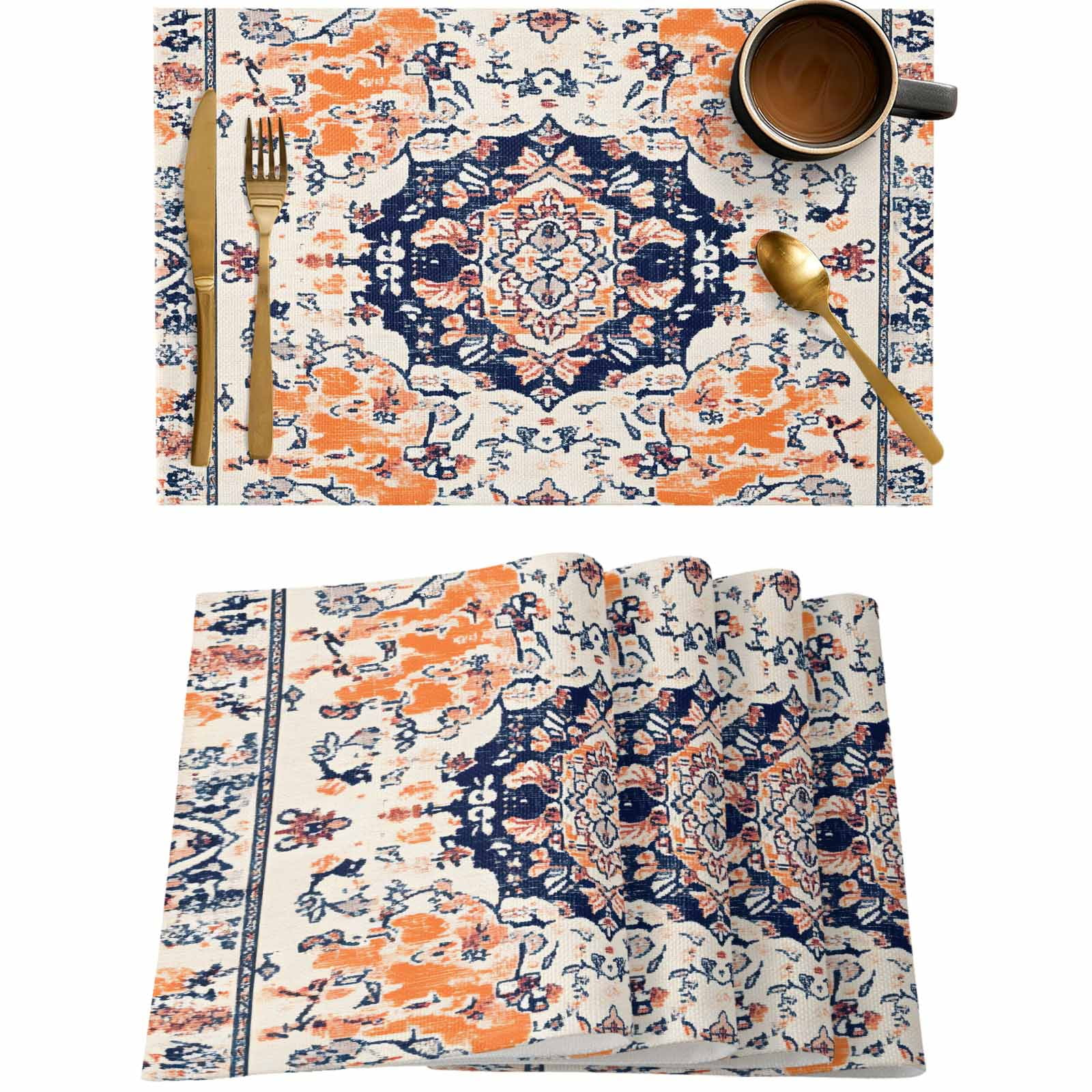 Bohemian Orange Retro Ethnic Style Placemats Set of 4,Wipeable Washable ...