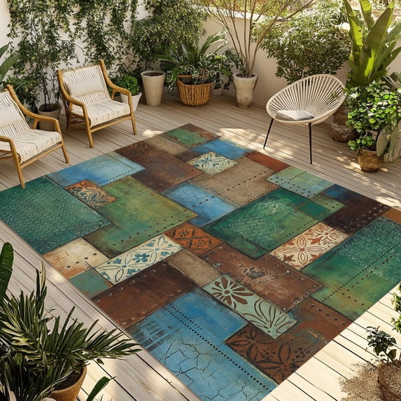 Bohemian Outdoor Rug 6x9 ft Modern Mottled Art Prints Geometric Plaid ...