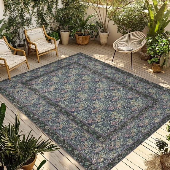 Bohemian Outdoor Rug, Green Vintage Flowers Texture Traditional Ethnic ...