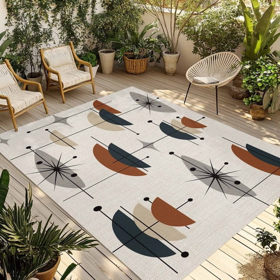 Bohemian Outdoor Rug, Orange Navy Blue Color Block Non-Slip Area Rugs ...
