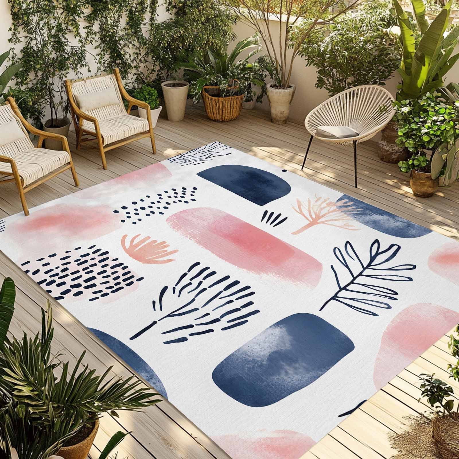 Bohemian Outdoor Rug, Pink Black Color Block Non-Slip Area Rugs Carpet ...