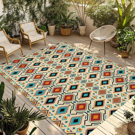 Bohemian Outdoor Rug, Retro Teal and Brown Argyle Aztec Geometric ...