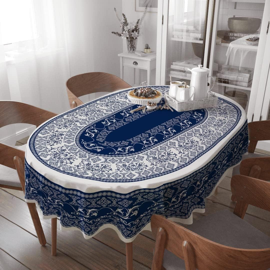 Bohemian Oval Tablecloth 60x84 Inch, Elegant Retro Dark Blue Farmhouse ...