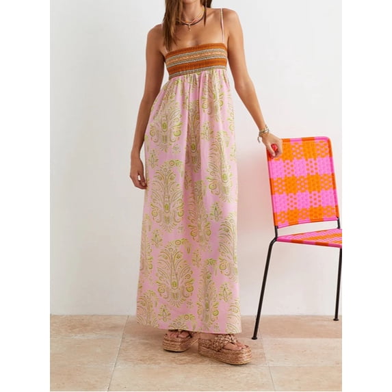 Bohemian Paisley Print Maxi Dress, High Waist Smocked A-Line Straight ...