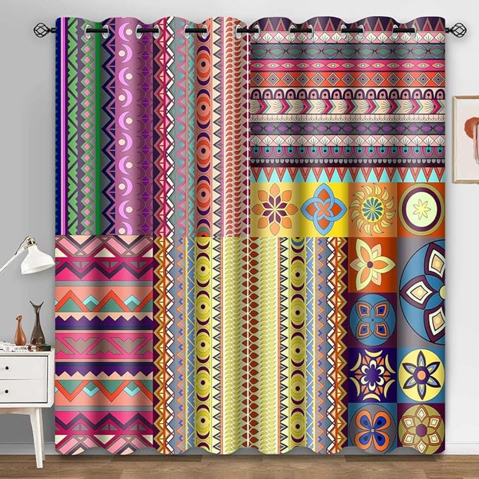 Bohemian Patchwork Curtains Geometric Patterns Colorful Floral Folk Art ...