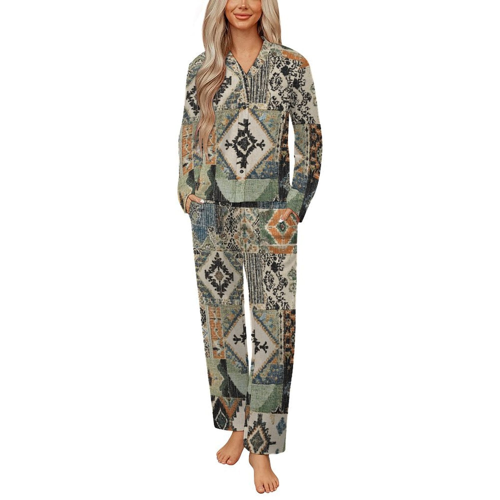 Bohemian Patchwork Design Womens Pyjamas Set Button Up Pyjamas Womens ...