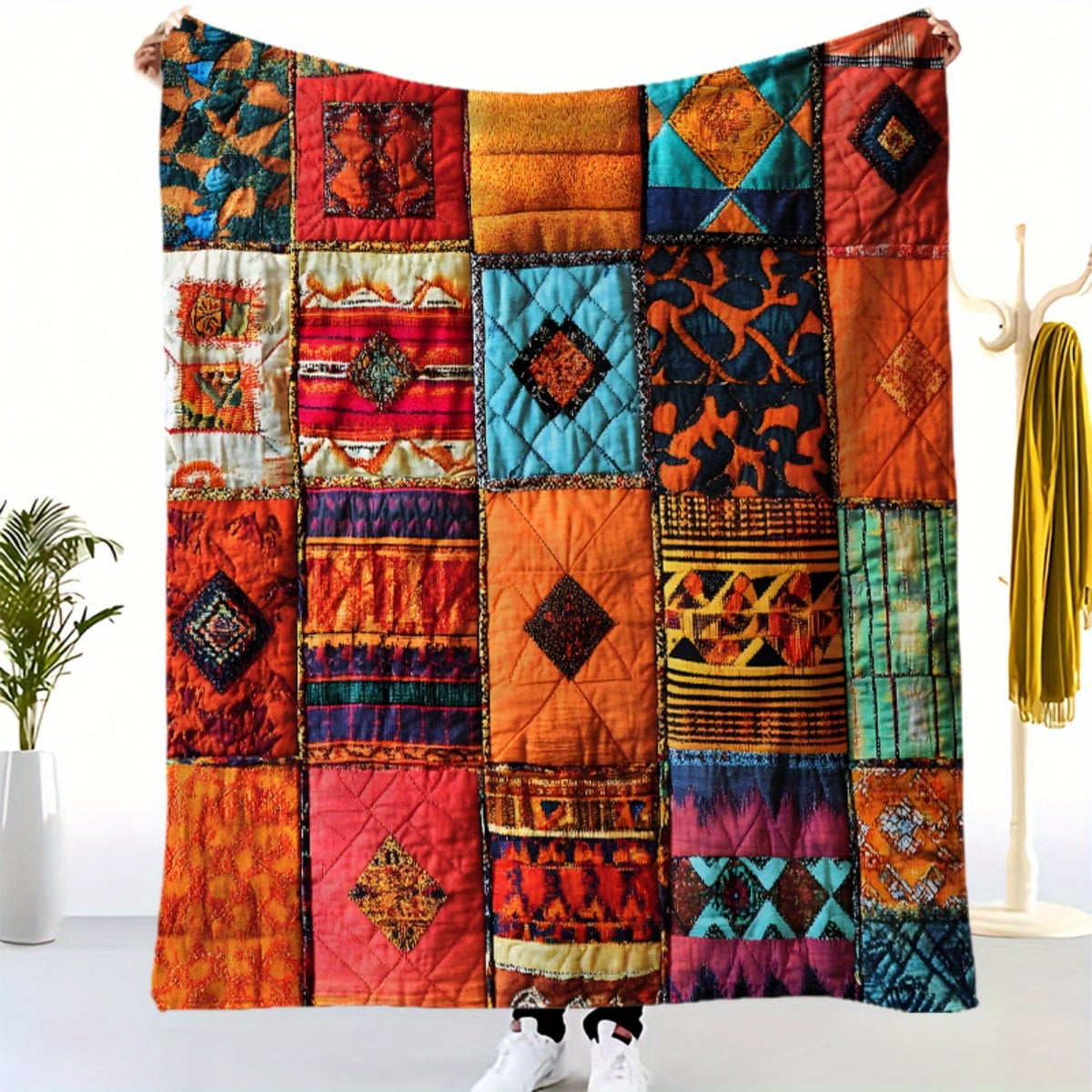 Bohemian Patchwork Flannel Blanket - Vibrant Geometric Print, Ultra ...