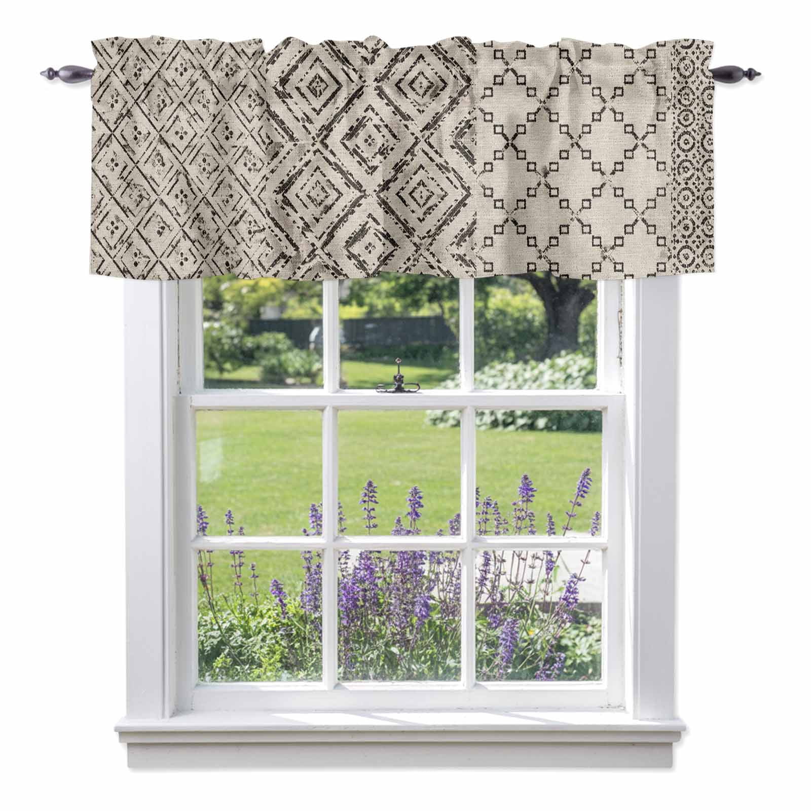 Bohemian Patchwork Valances for Windows, Vintage Gray Beige Linen ...