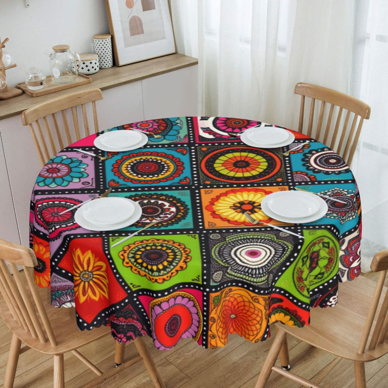 Bohemian Patchwork Vibrant Mandala Design Round Tablecloth Waterproof ...