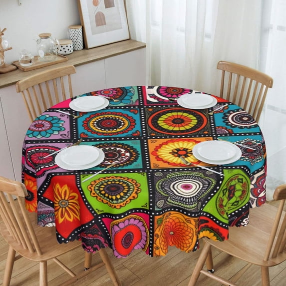 Bohemian Patchwork Vibrant Mandala Design Round Tablecloth Waterproof ...