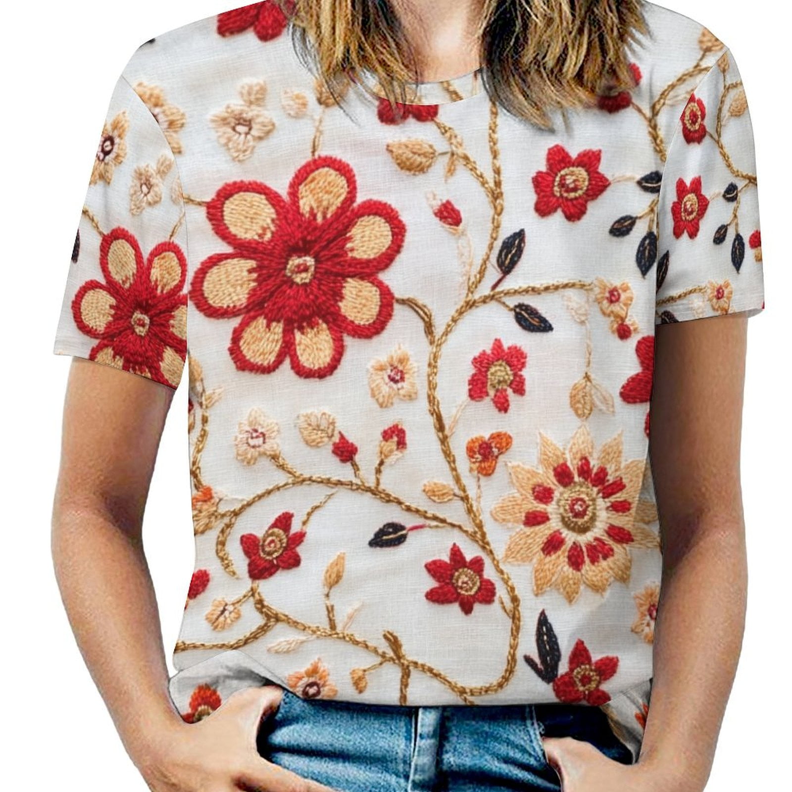 Bohemian Pattern Womens Casual Crew Neck Short Sleeve Pleated Tops ...