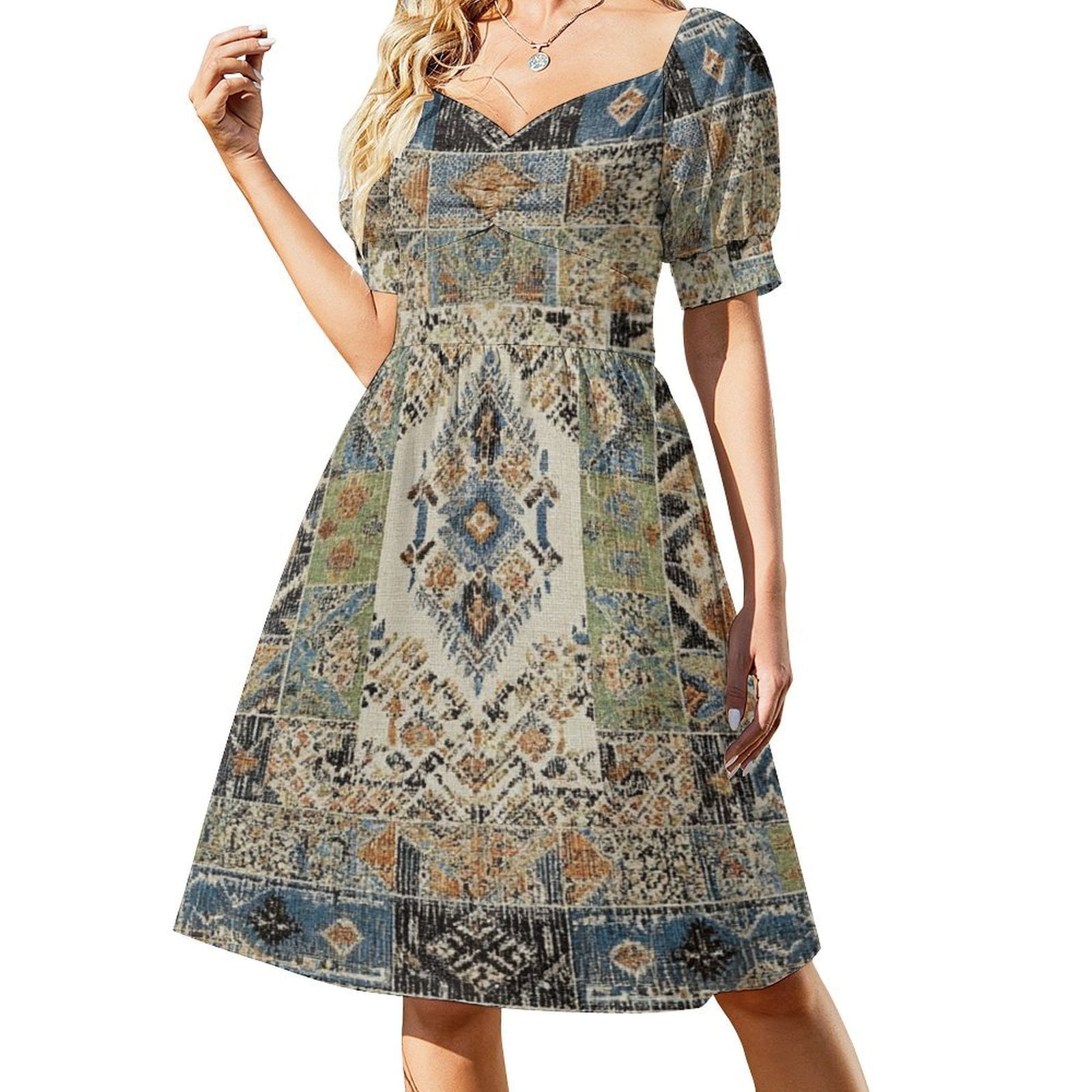 Bohemian Patterned Area Rug Short Sleeve Dress Clothes Women's Summer ...