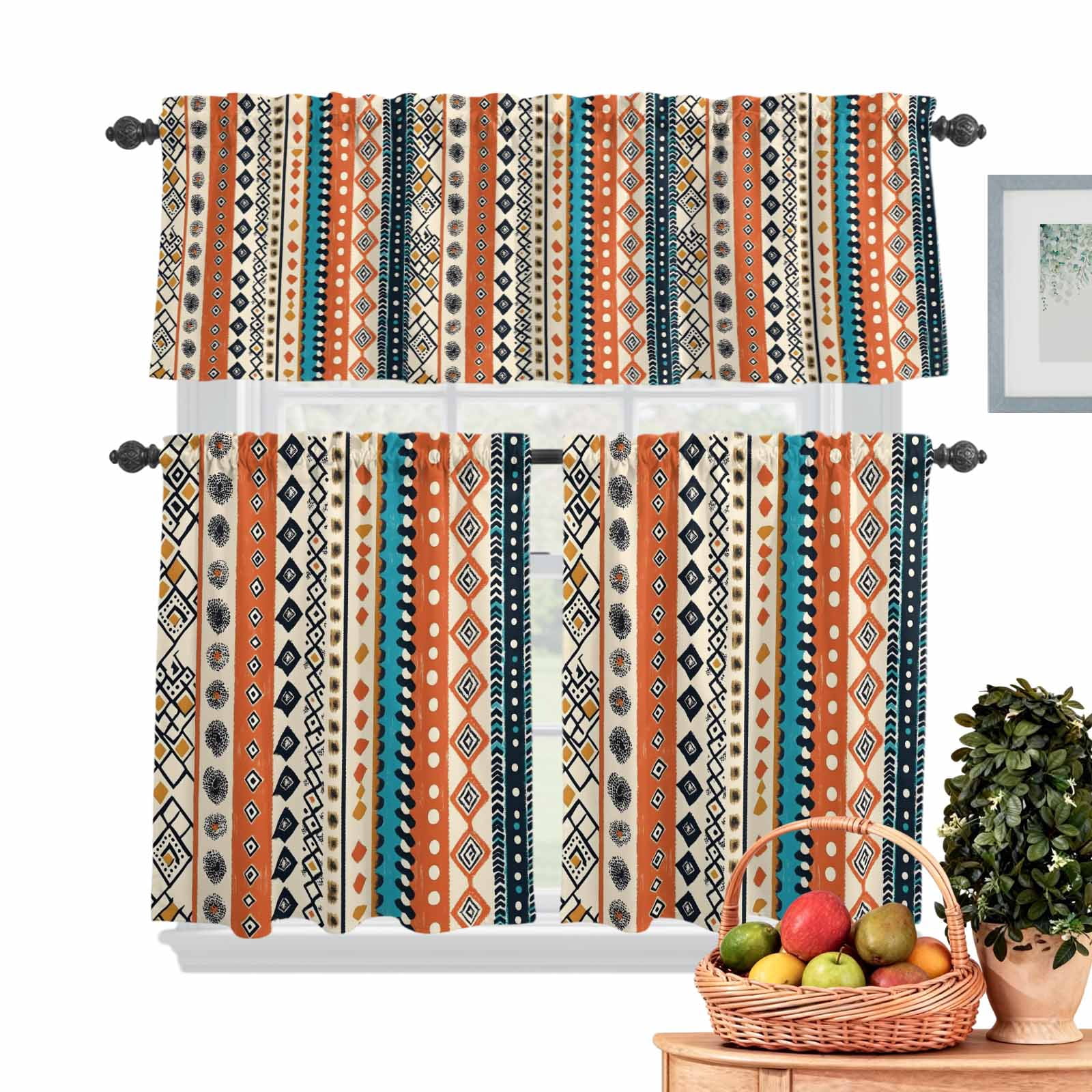 Bohemian Patterns Kitchen Curtains Valances 3 Piece Set, Orange ...