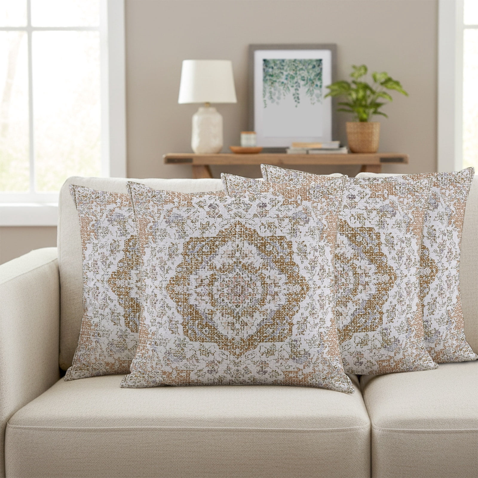 Bohemian Pillow Covers Set of 4, Vintage Distressed Orange Ethnic ...