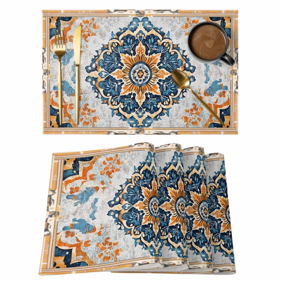 Bohemian Placemats Set of 12 Boho Blue Flower Pattern Abstract Tribal ...