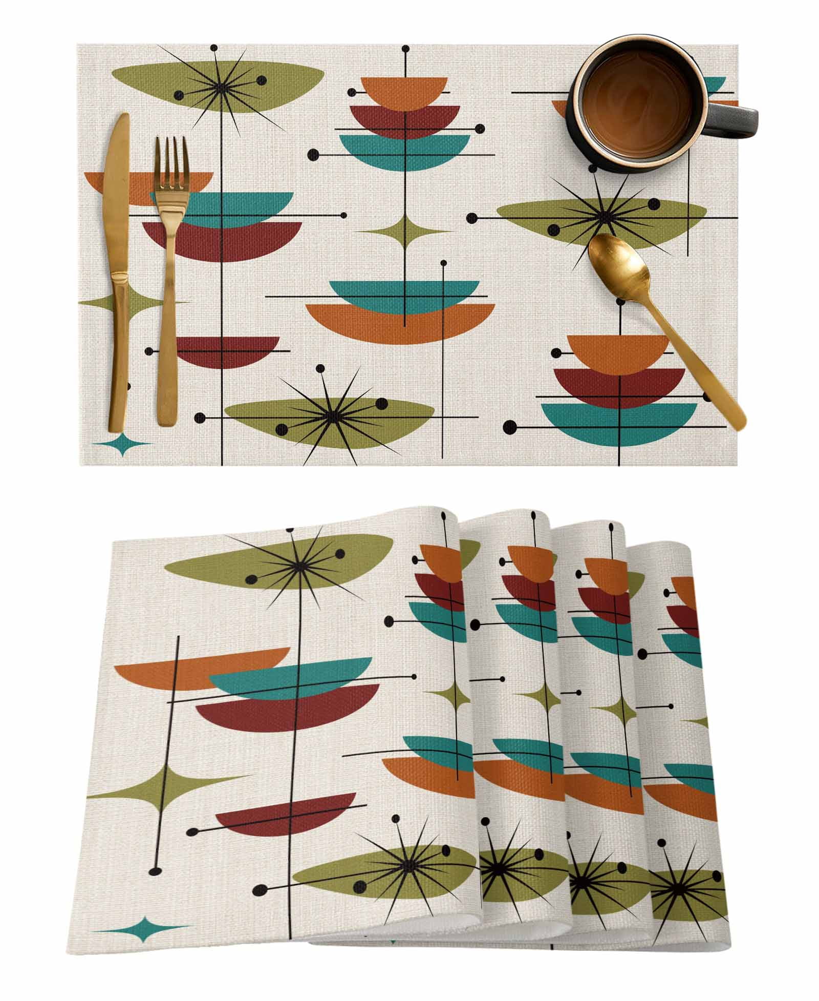 Bohemian Placemats Set of 8 Orange Duck Green Color Block Abstract Art ...