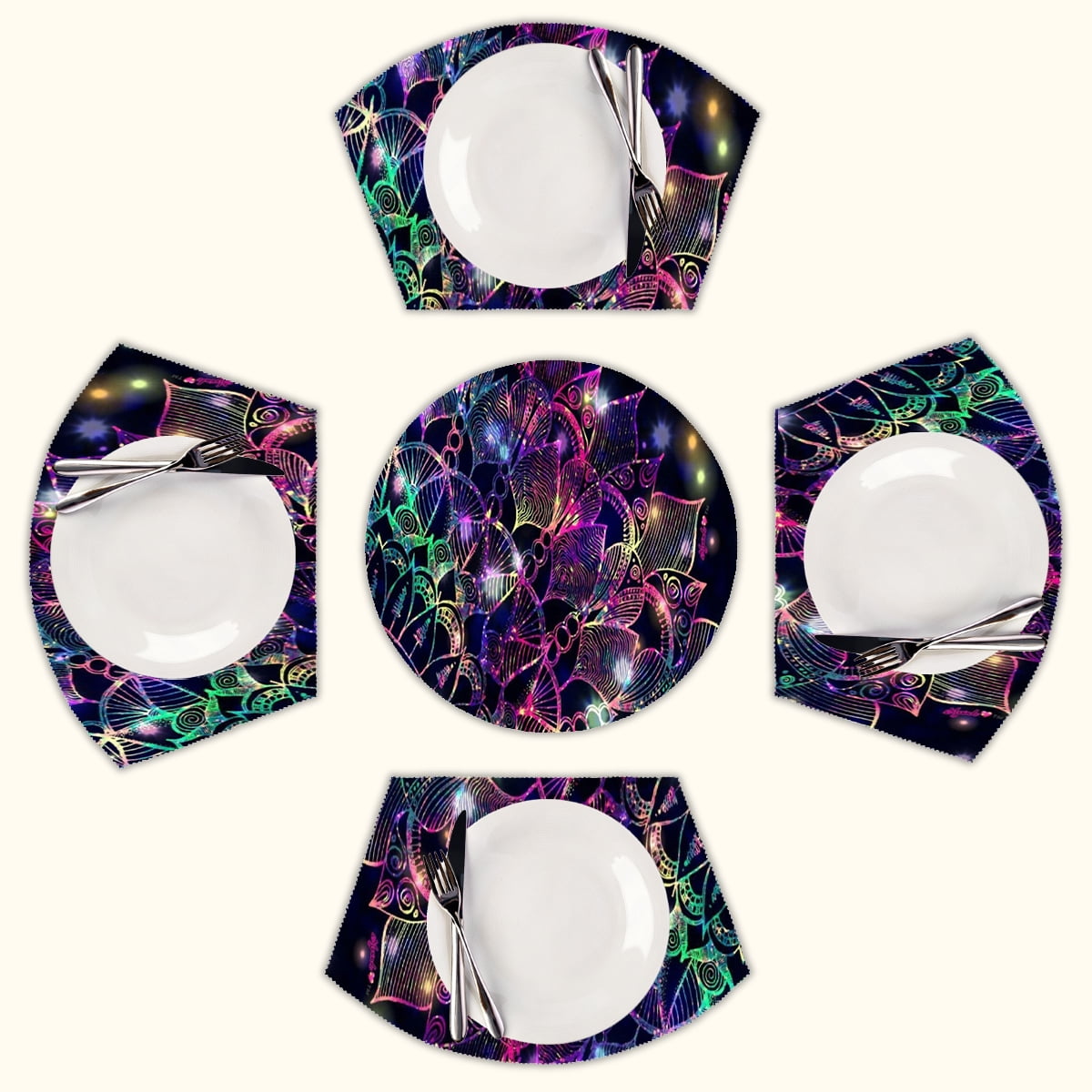 Bohemian Psychedelic Peacock Mandala Round Table Placemats Set Of 5 ...