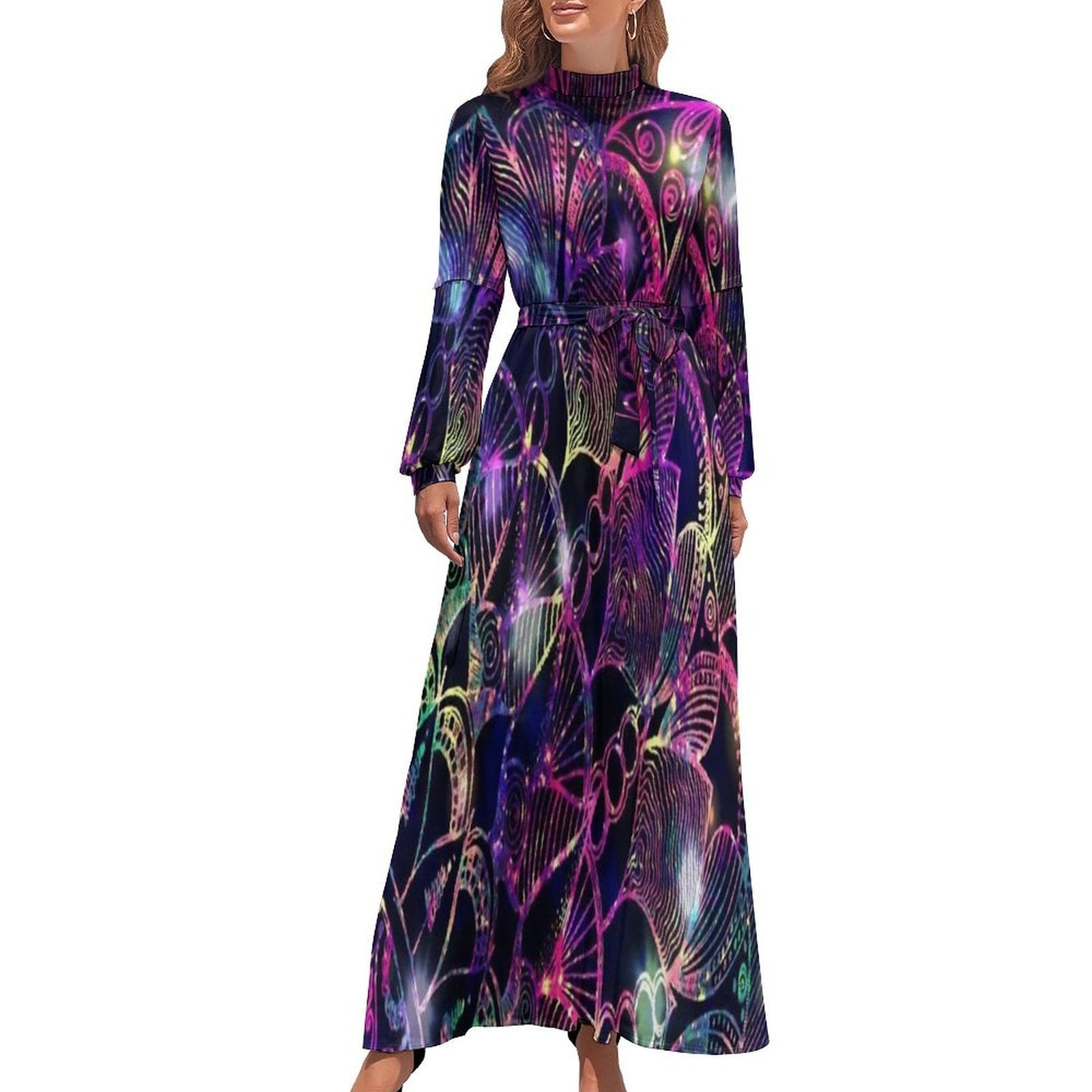 Bohemian Psychedelic Peacock Mandala Women's Long Dress Long Sleeves ...